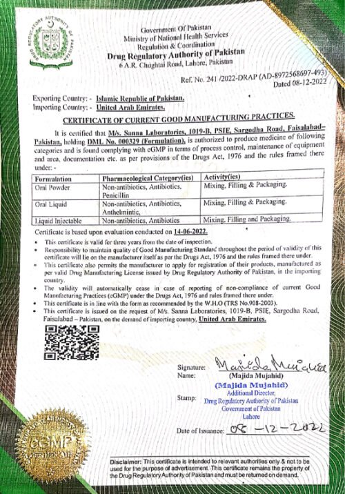 GMP Certificate – Sanna Labs